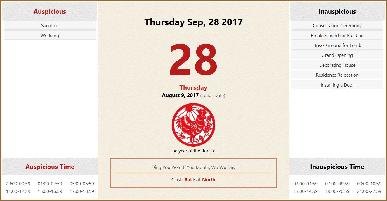 September 28, 2017 Almanac Calendar: Auspicious/Inauspicious Events and ...