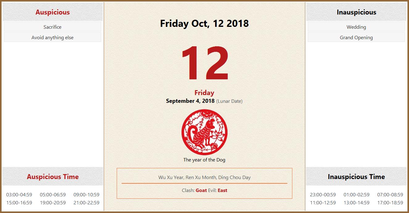 October 12, 2018 Almanac Calendar: Auspicious/Inauspicious Events and ...