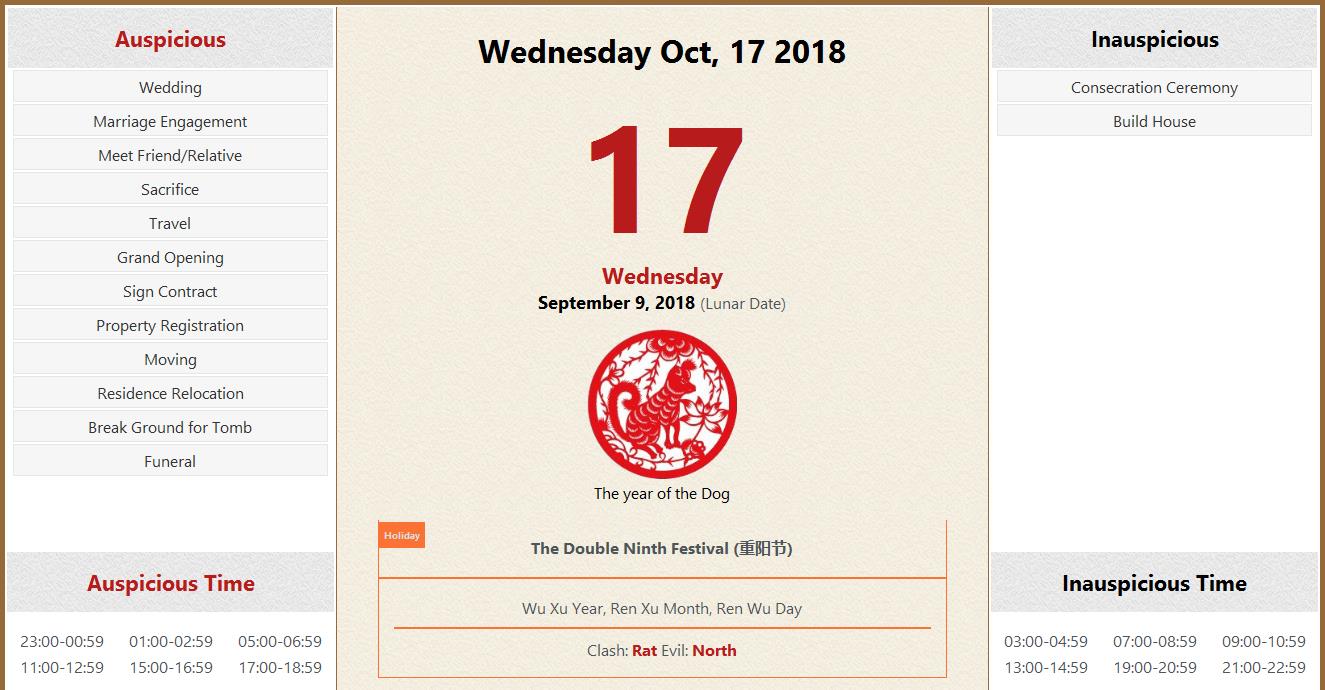 October 17, 2018 Almanac Calendar: Auspicious/Inauspicious Events and ...