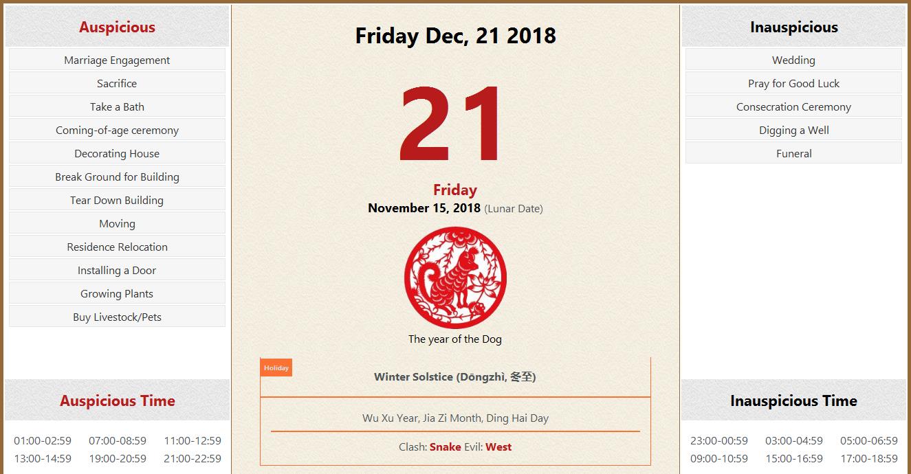December 21, 2018 Almanac Calendar: Auspicious/Inauspicious Events and ...