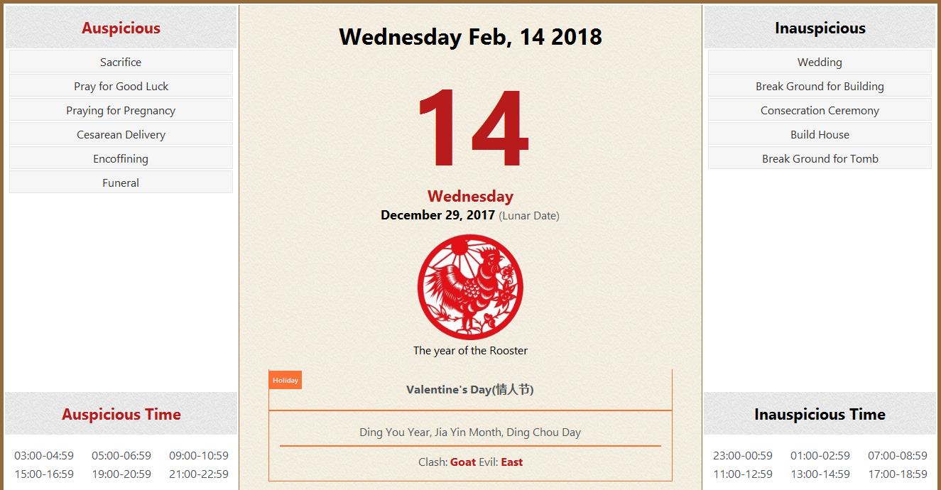 February 14, 2018 Almanac Calendar: Auspicious/Inauspicious Events and ...