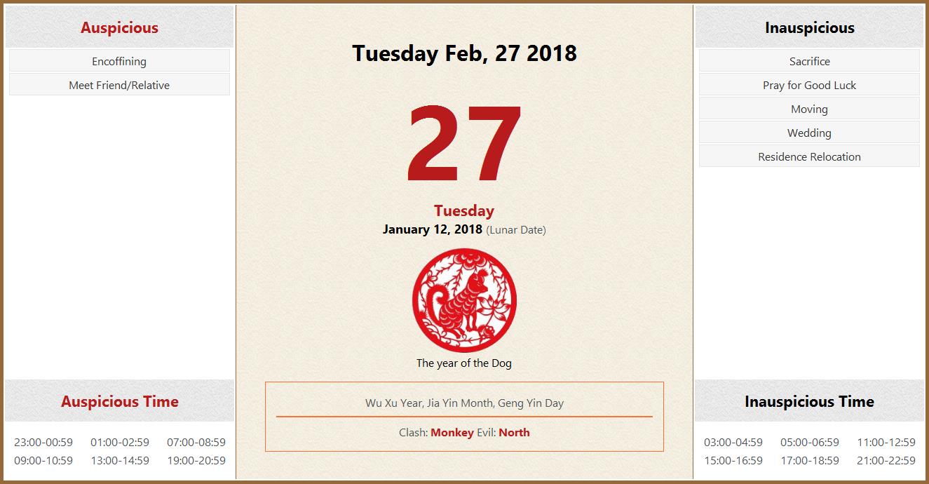February 27, 2018 Almanac Calendar: Auspicious/Inauspicious Events and ...