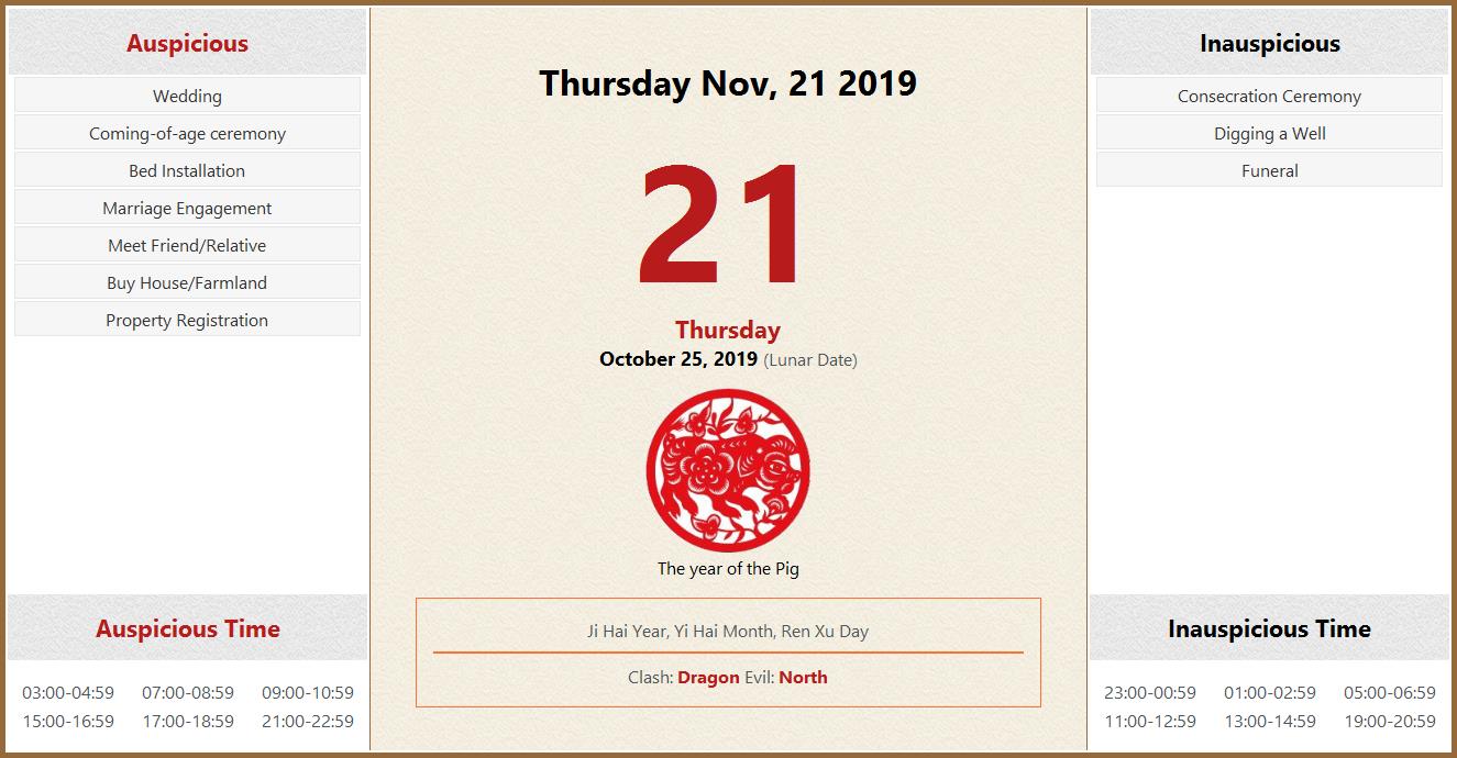 November 21, 2019 Almanac Calendar: Auspicious/Inauspicious Events and ...