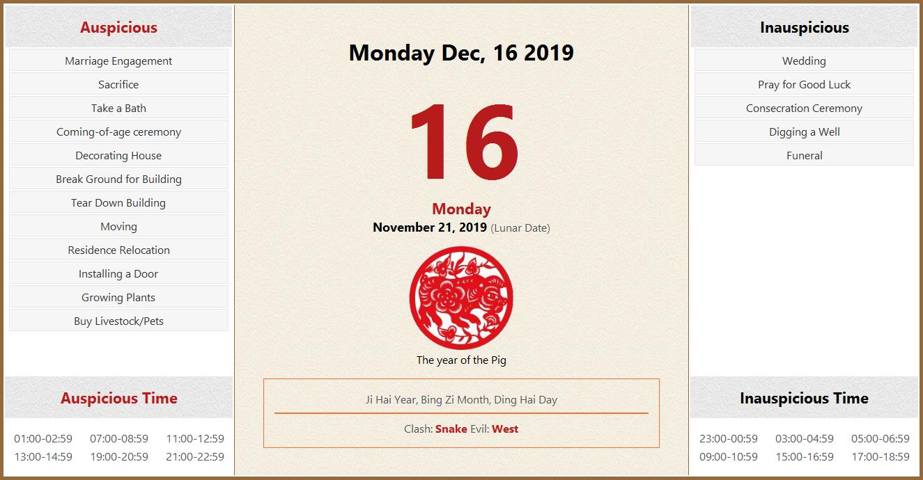 December 16, 2019 Almanac Calendar: Auspicious/Inauspicious Events and ...