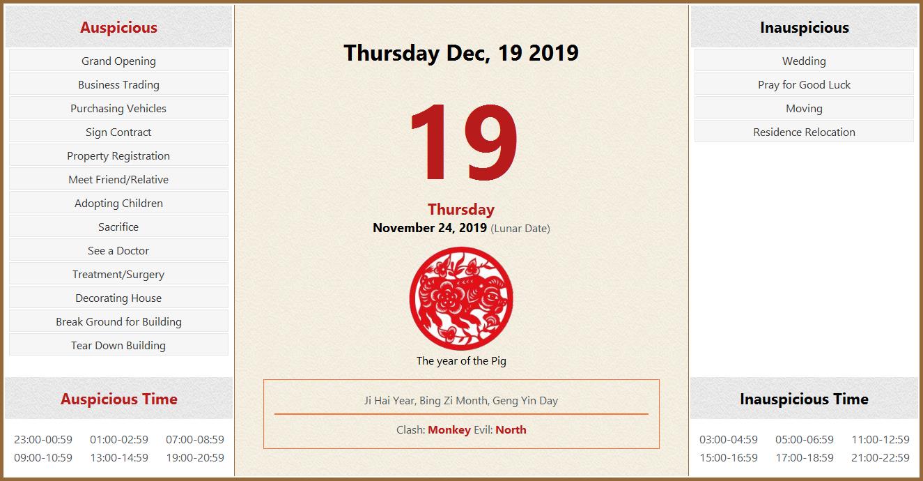 December 19, 2019 Almanac Calendar: Auspicious/Inauspicious Events and ...