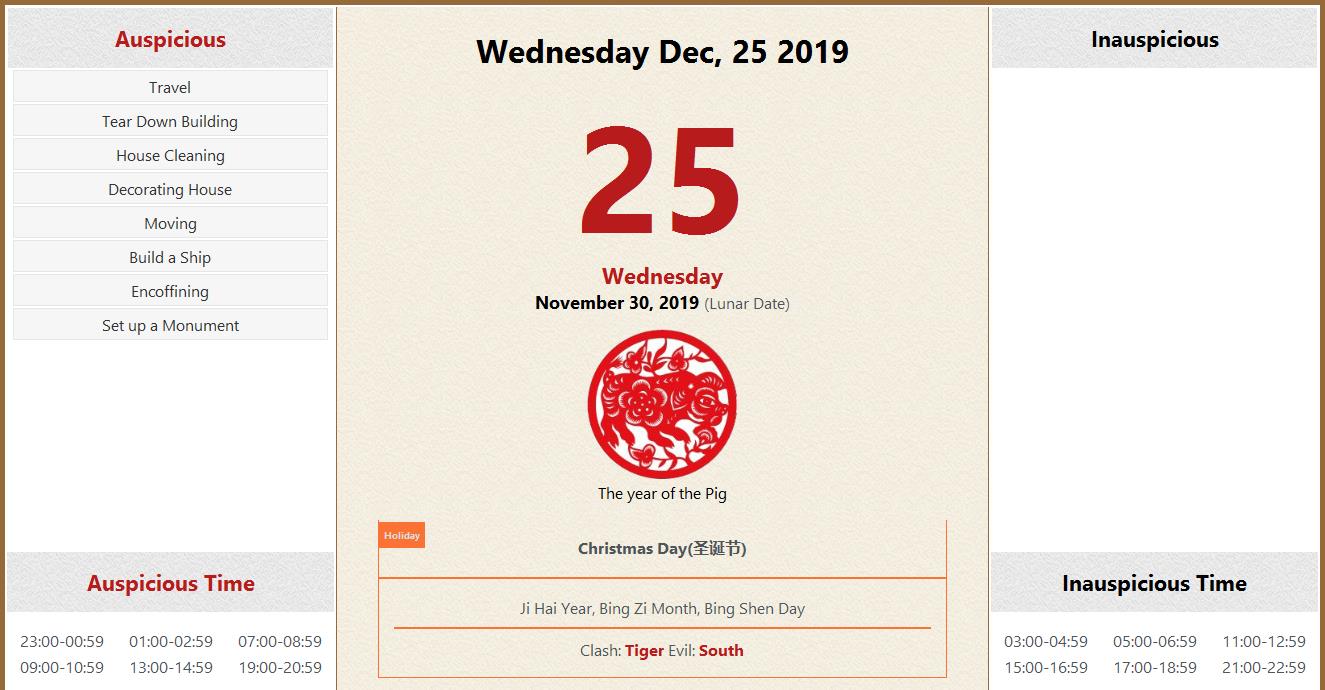December 25, 2019 Almanac Calendar: Auspicious/Inauspicious Events and ...