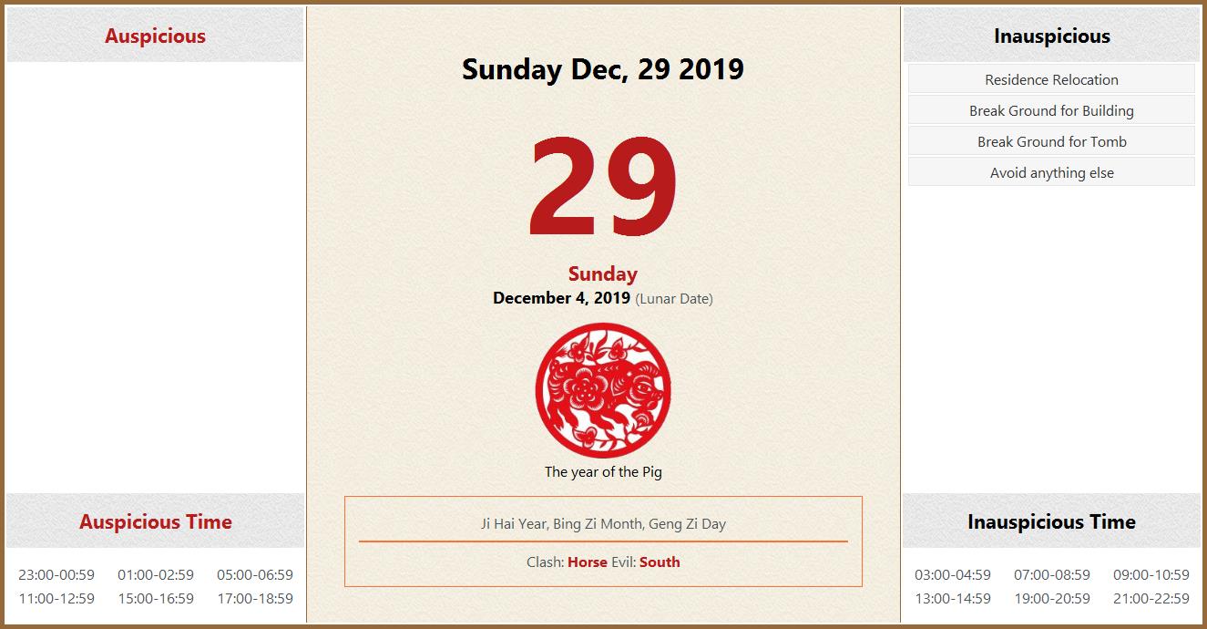 December 29, 2019 Almanac Calendar: Auspicious/Inauspicious Events and ...