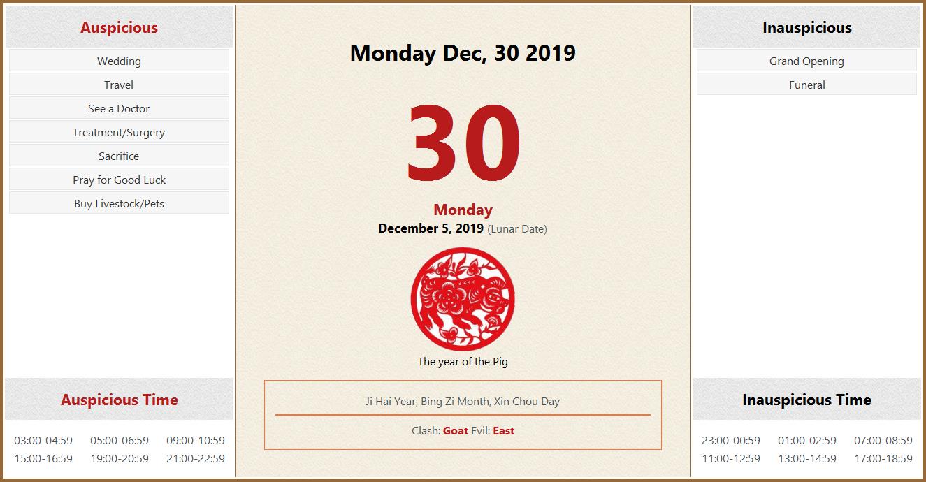 December 30, 2019 Almanac Calendar: Auspicious/Inauspicious Events and ...