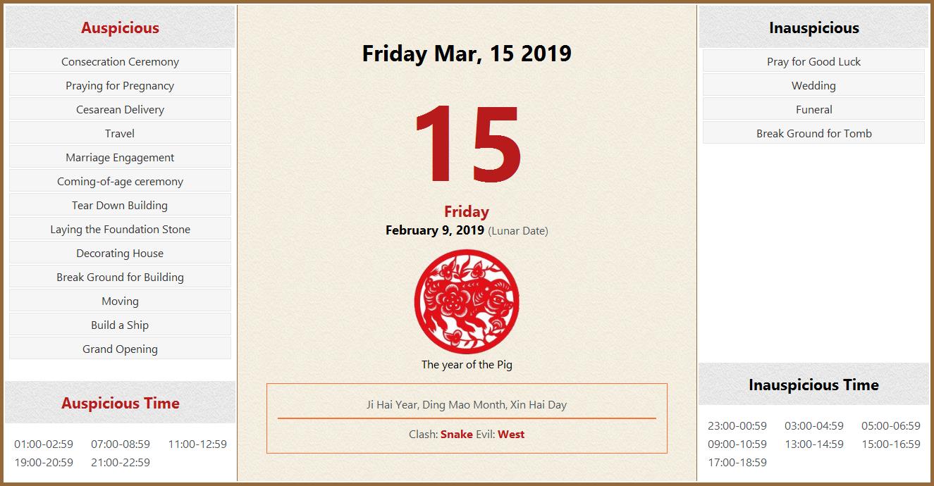 March 15, 2019 Almanac Calendar: Auspicious/Inauspicious Events and ...