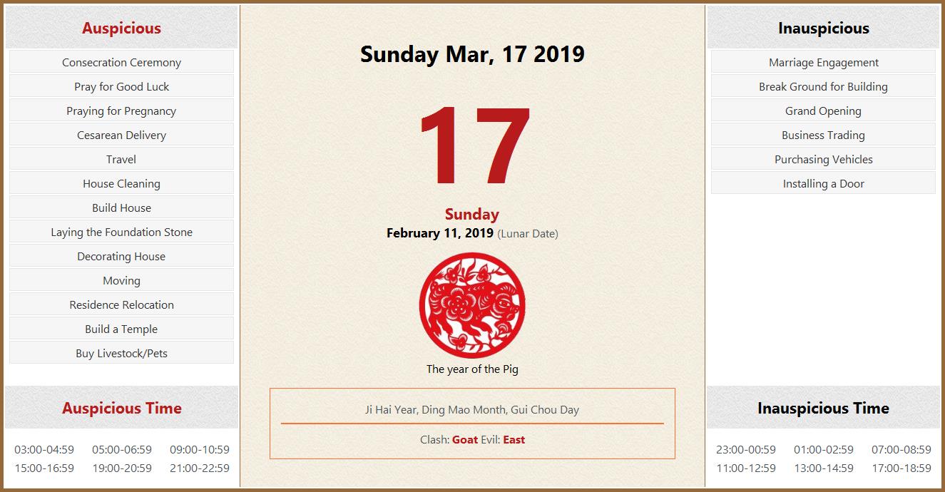 March 17, 2019 Almanac Calendar: Auspicious/Inauspicious Events and ...