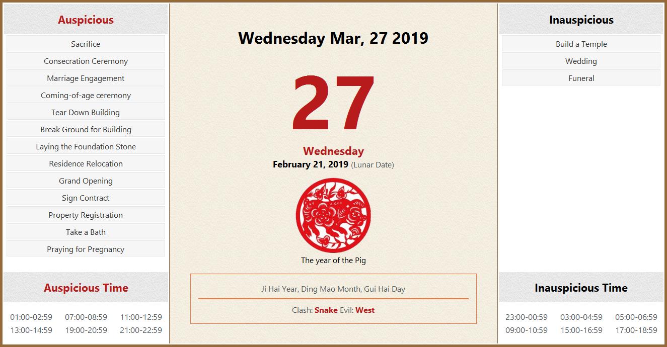March 27, 2019 Almanac Calendar: Auspicious/Inauspicious Events and ...