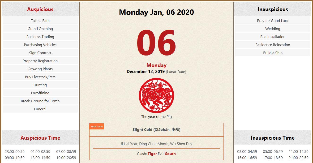 January 06, 2020 Almanac Calendar: Auspicious/Inauspicious Events and ...