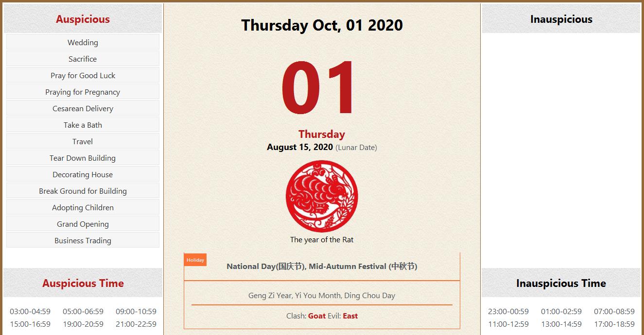 October 01, 2020 Almanac Calendar: Auspicious/Inauspicious Events and ...