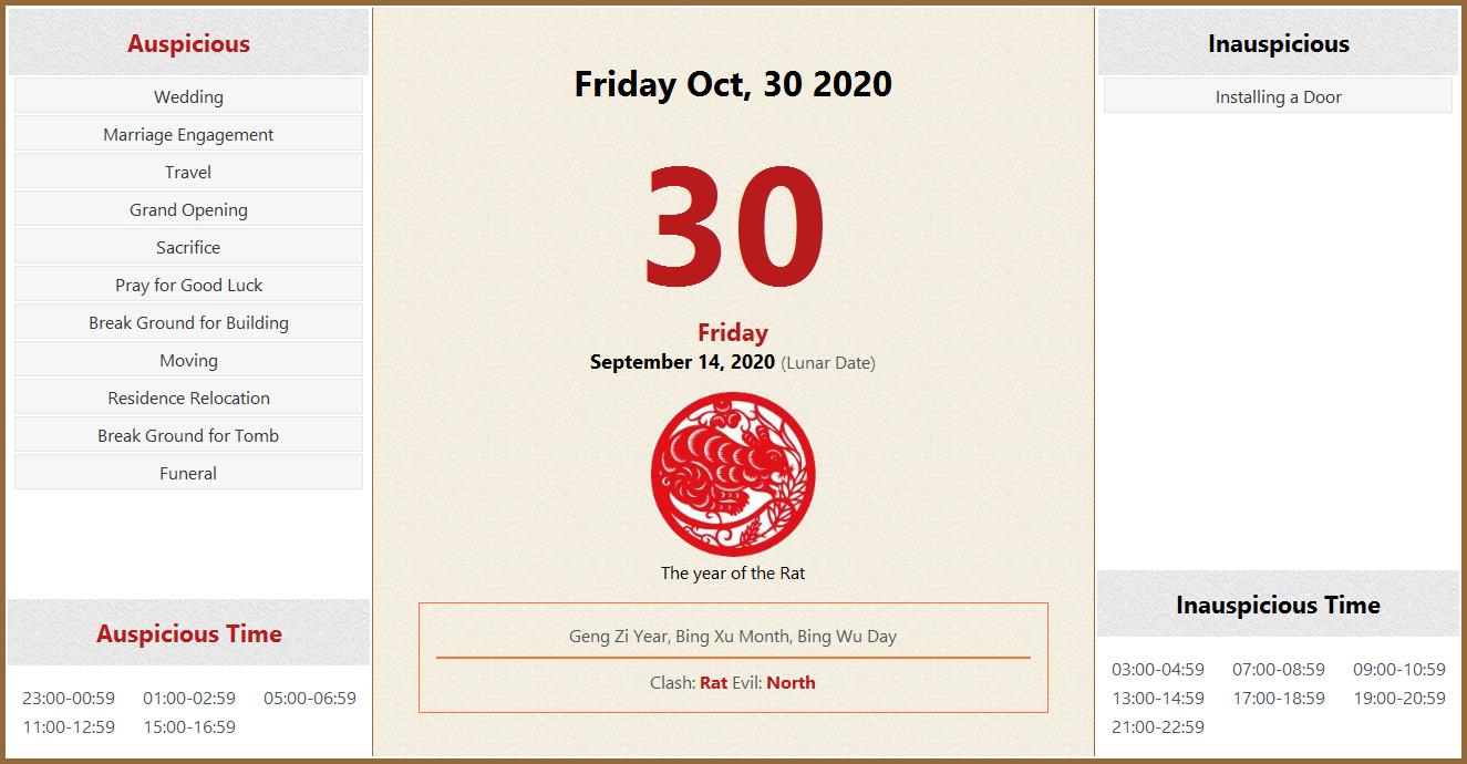 October 30, 2020 Almanac Calendar: Auspicious/Inauspicious Events and ...