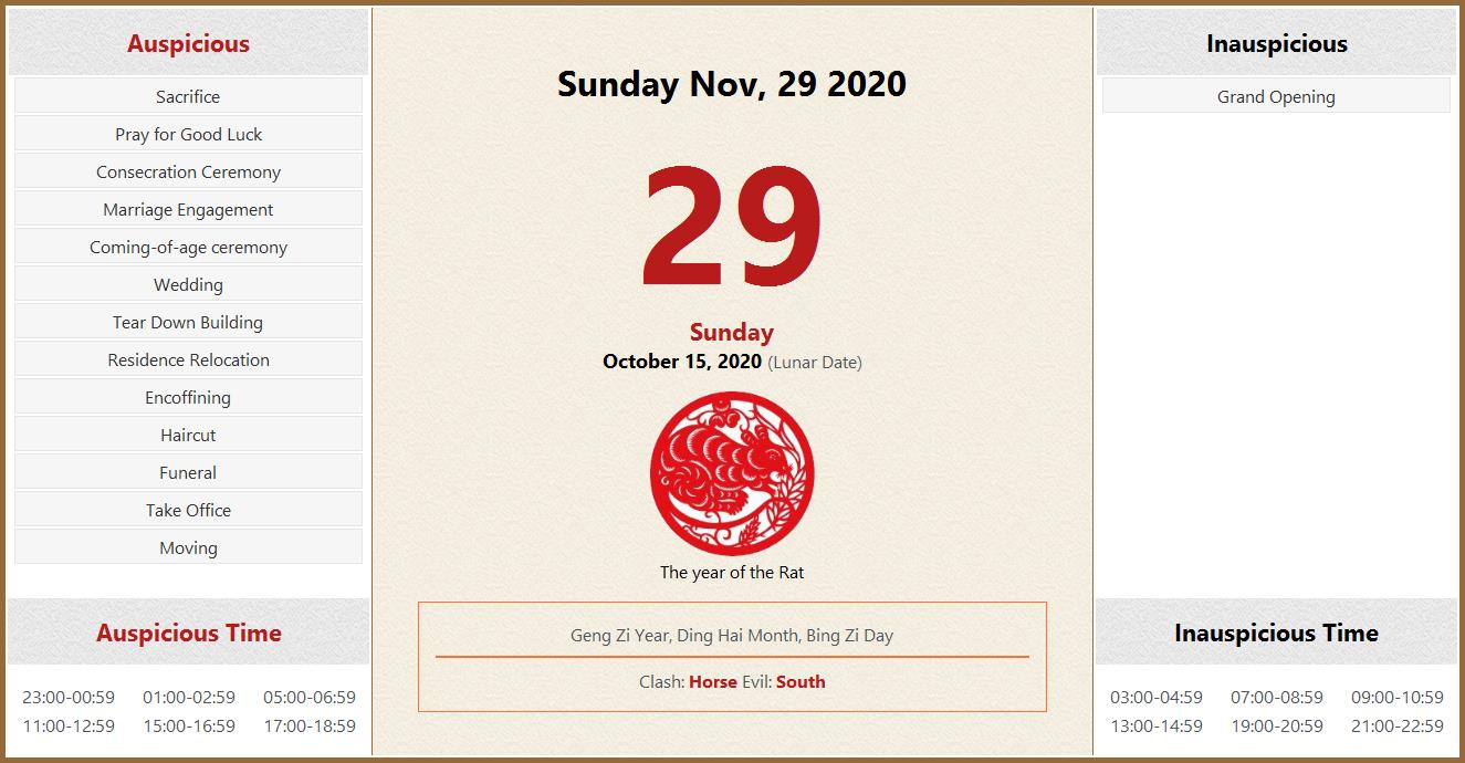 November 29, 2020 Almanac Calendar: Auspicious/Inauspicious Events and ...