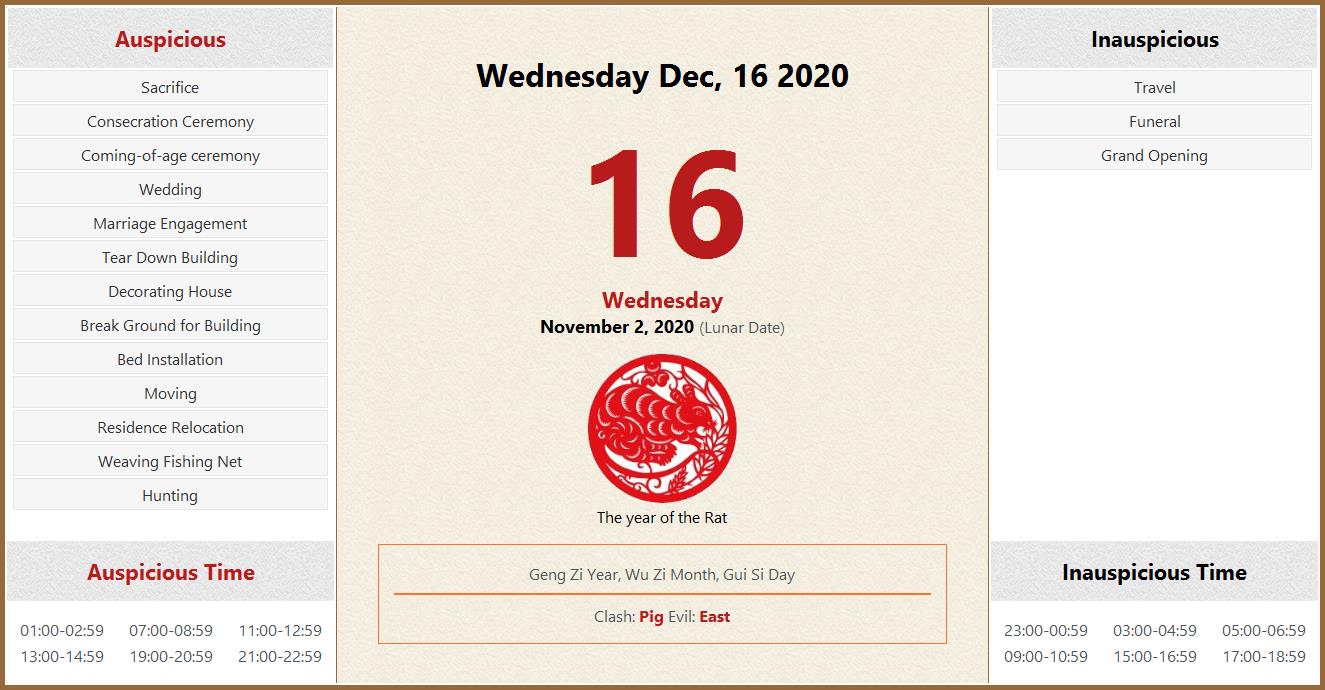 December 16, 2020 Almanac Calendar: Auspicious/Inauspicious Events and ...
