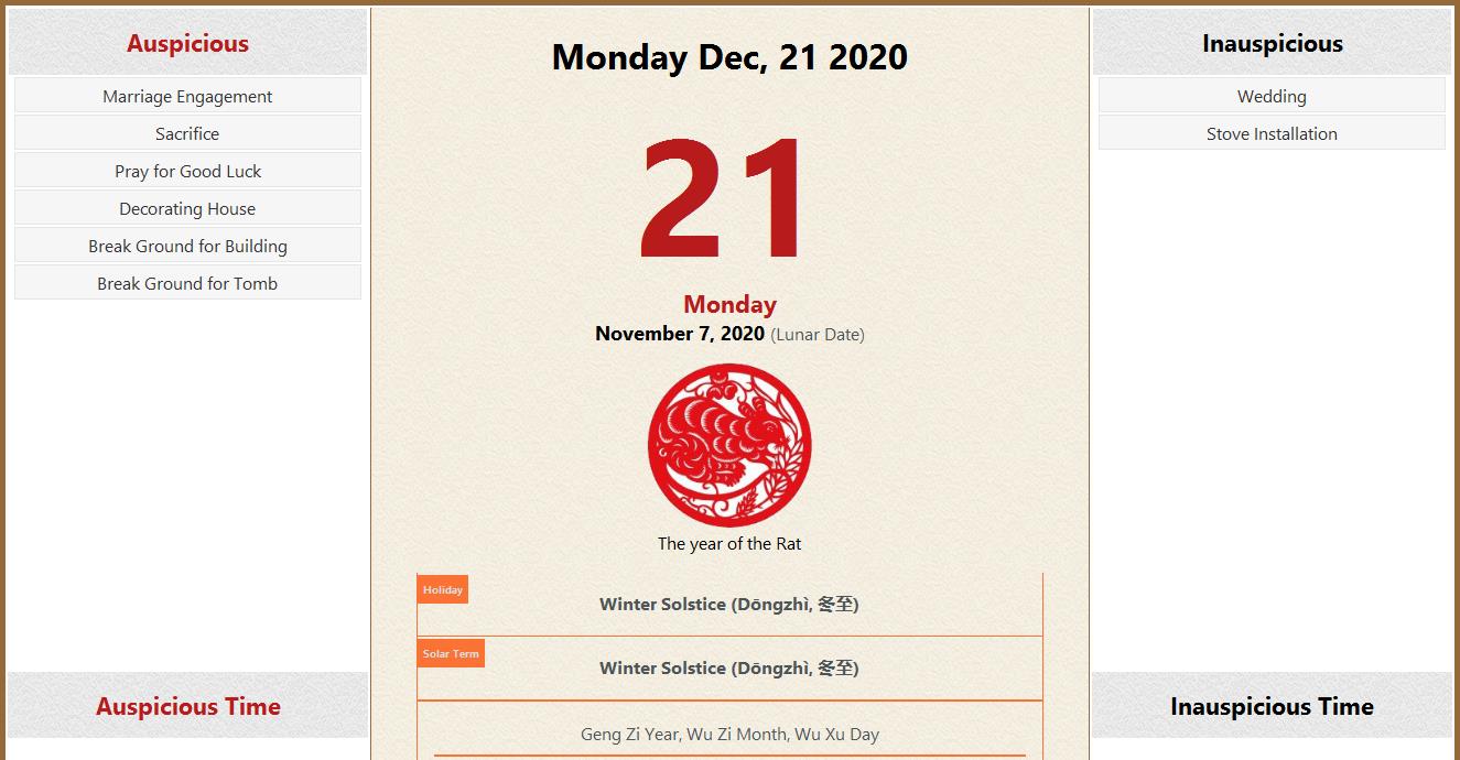 December 21, 2020 Almanac Calendar: Auspicious/Inauspicious Events and ...