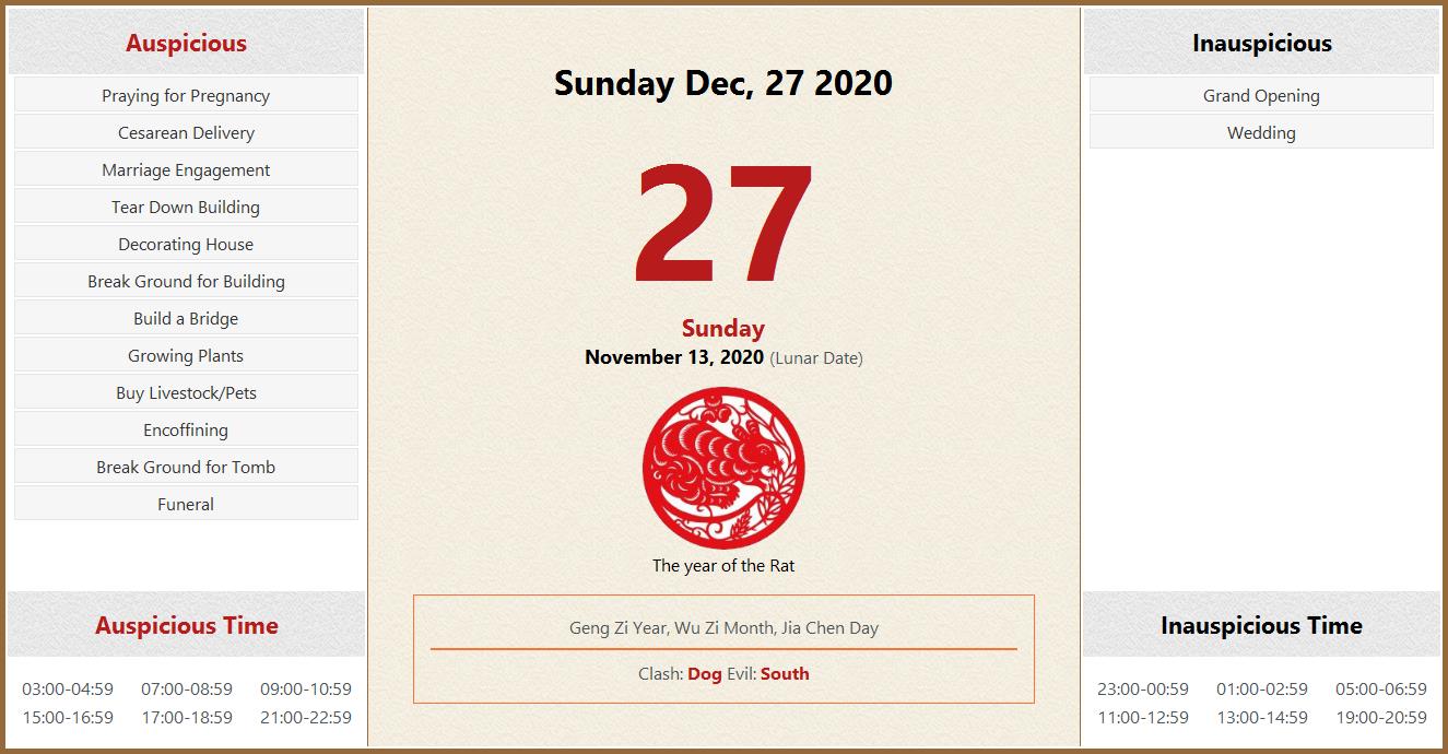 December 27, 2020 Almanac Calendar: Auspicious/Inauspicious Events and ...