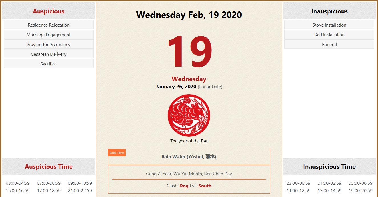 February 19, 2020 Almanac Calendar: Auspicious/Inauspicious Events and ...