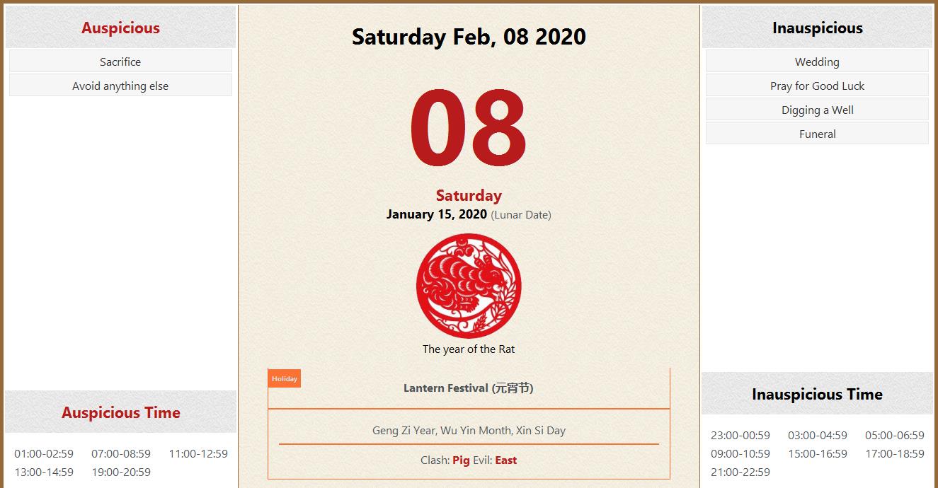 February 08, 2020 Almanac Calendar: Auspicious/Inauspicious Events and ...