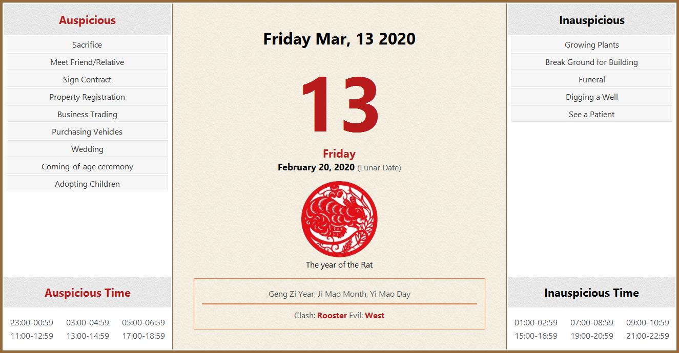 March 13, 2020 Almanac Calendar: Auspicious/Inauspicious Events and ...