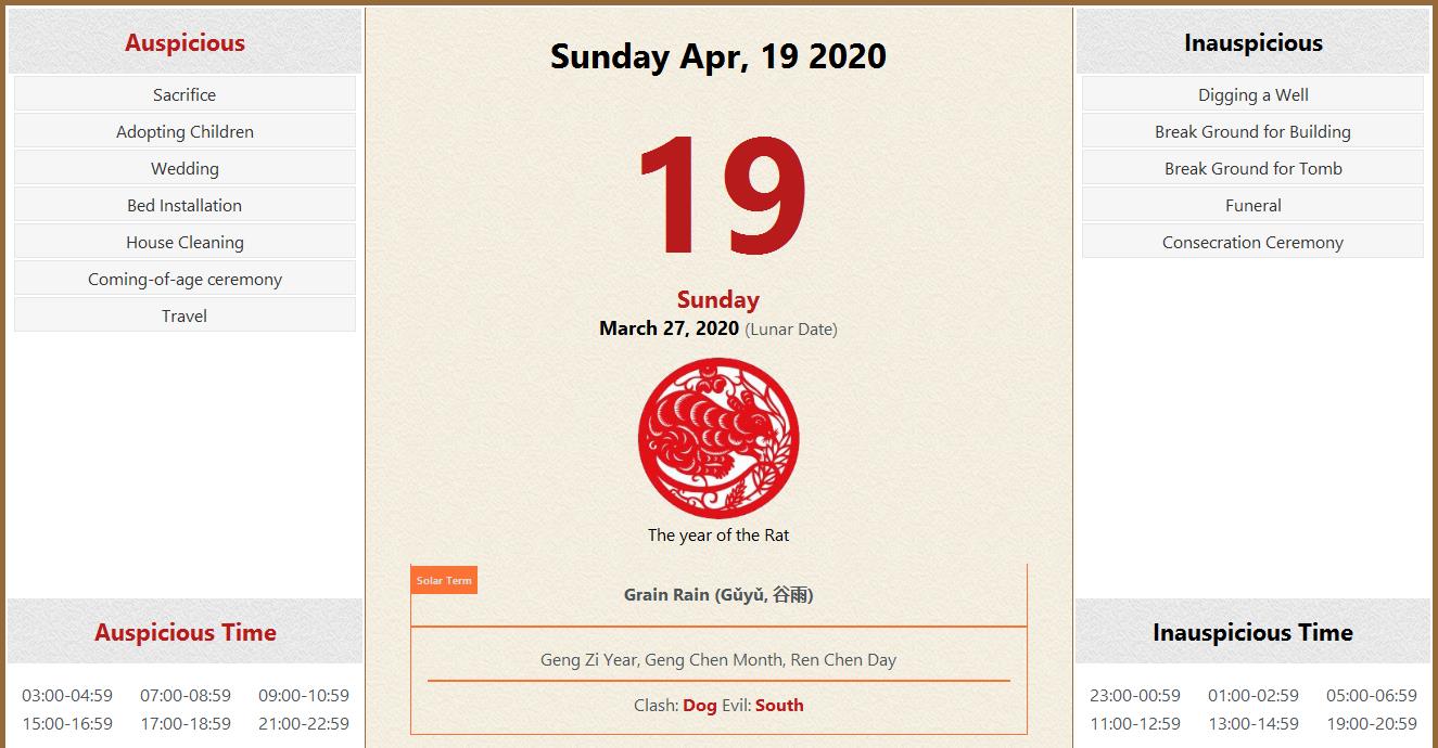 April 19, 2020 Almanac Calendar: Auspicious/Inauspicious Events and ...