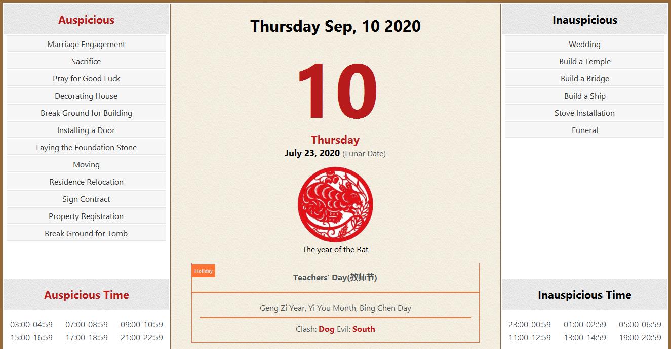 September 10, 2020 Almanac Calendar: Auspicious/Inauspicious Events and ...