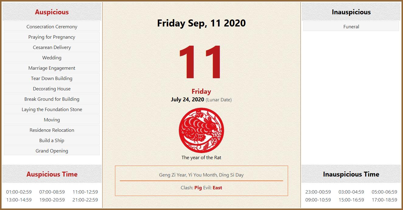 September 11, 2020 Almanac Calendar: Auspicious/Inauspicious Events and ...
