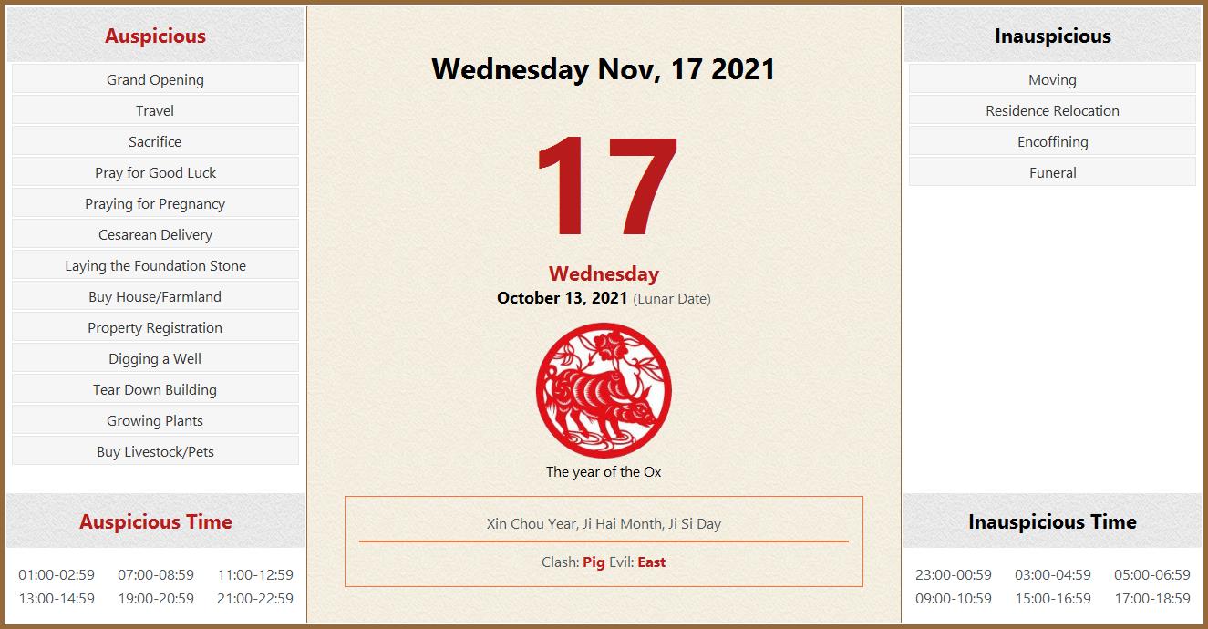 November 17, 2021 Almanac Calendar: Auspicious/Inauspicious Events and ...