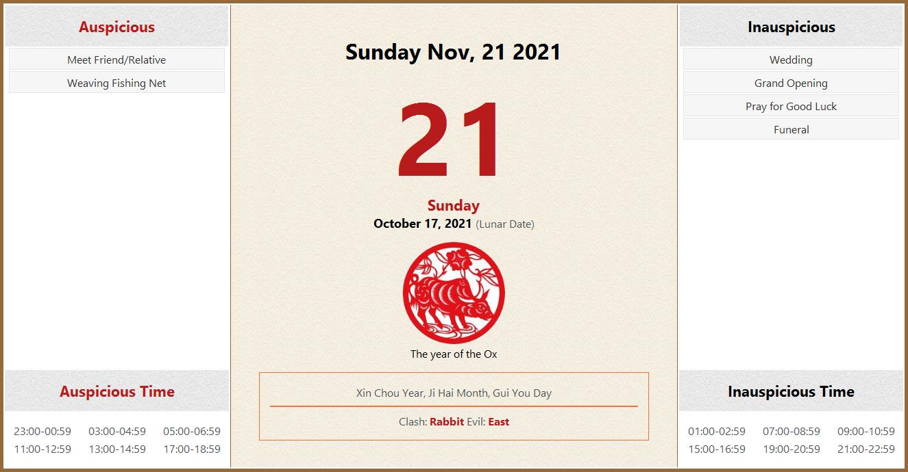 November 21, 2021 Almanac Calendar: Auspicious/Inauspicious Events and ...