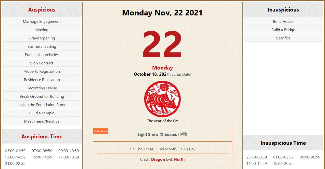 November 22, 2021 Almanac Calendar: Auspicious/Inauspicious Events and ...