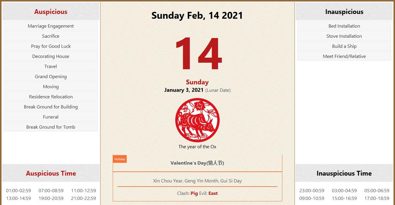 February 14, 2021 Almanac Calendar: Auspicious/Inauspicious Events and ...