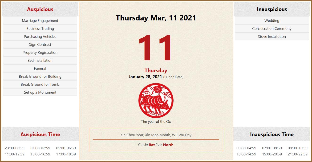 March 11, 2021 Almanac Calendar: Auspicious/Inauspicious Events and ...