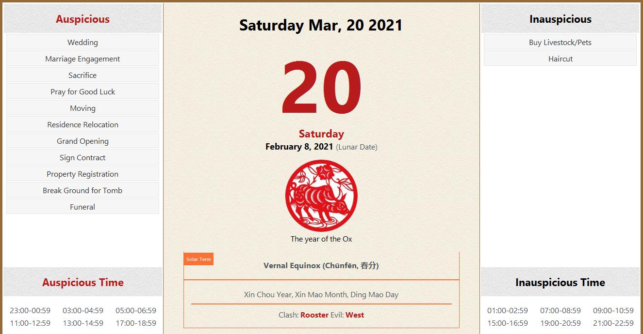 March 20, 2021 Almanac Calendar: Auspicious/Inauspicious Events and ...