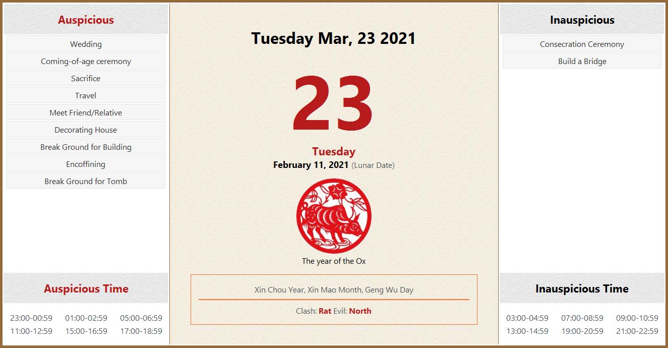 March 23, 2021 Almanac Calendar: Auspicious/Inauspicious Events and ...