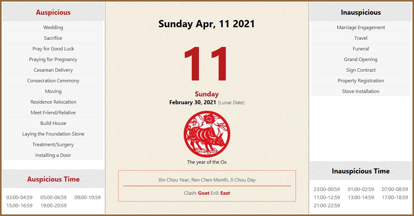 April 11, 2021 Almanac Calendar: Auspicious/Inauspicious Events and ...