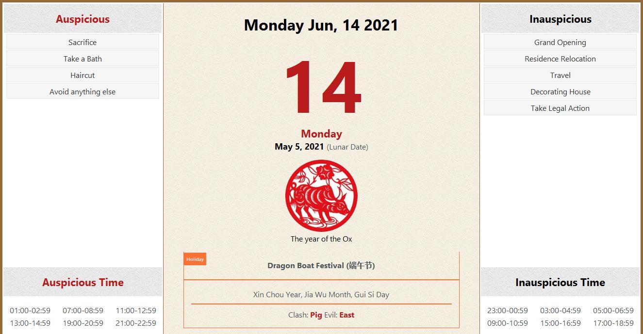 June 14, 2021 Almanac Calendar: Auspicious/Inauspicious Events and Time ...