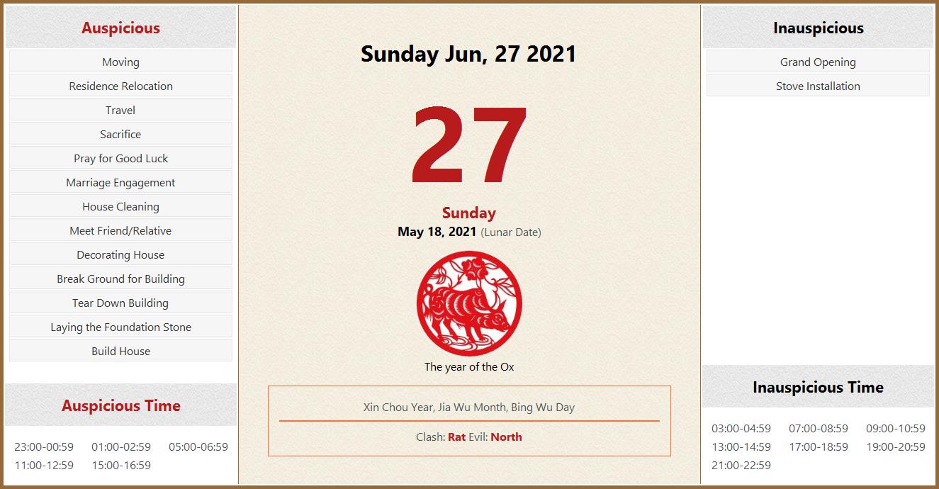 June 27, 2021 Almanac Calendar: Auspicious/Inauspicious Events and Time ...