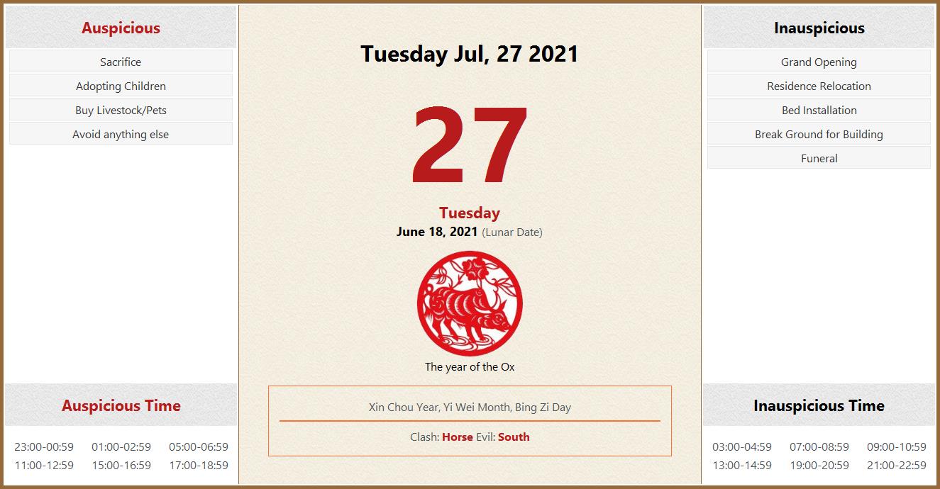 July 27, 2021 Almanac Calendar: Auspicious/Inauspicious Events and Time ...