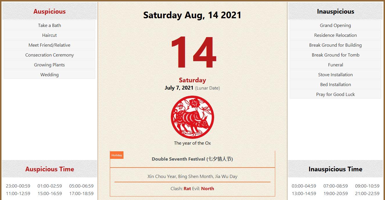 August 14, 2021 Almanac Calendar: Auspicious/Inauspicious Events and ...