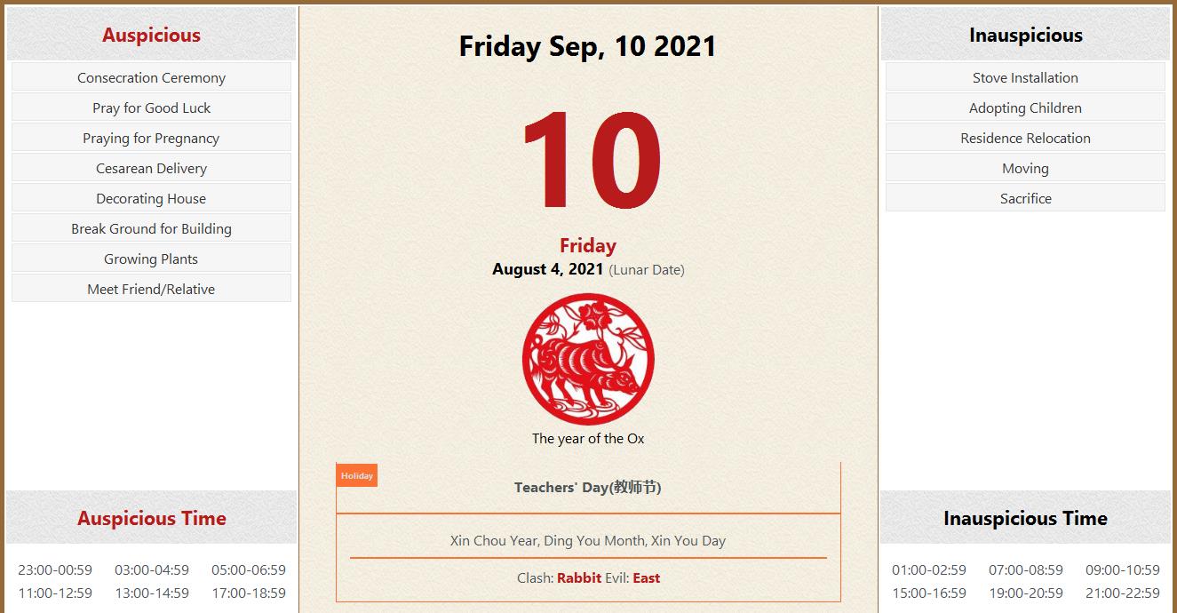 September 10, 2021 Almanac Calendar: Auspicious/Inauspicious Events and ...