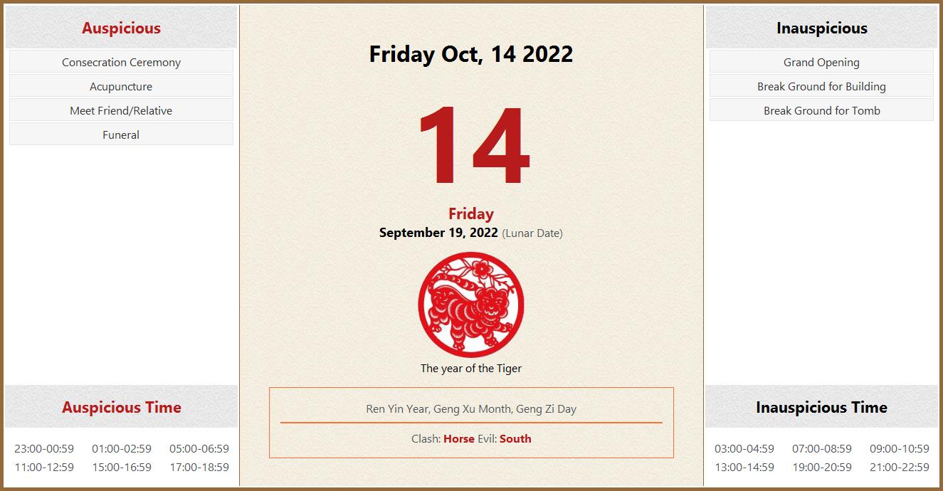 October 14, 2022 Almanac Calendar: Auspicious/Inauspicious Events and ...