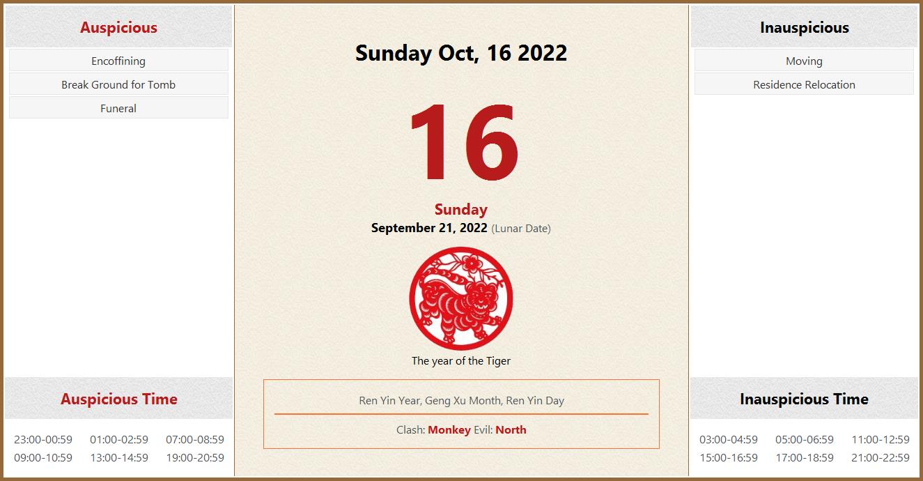 October 16, 2022 Almanac Calendar: Auspicious/Inauspicious Events and ...