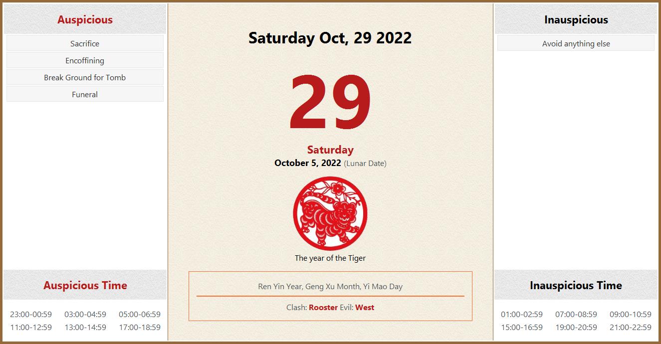 October 29, 2022 Almanac Calendar: Auspicious/Inauspicious Events and ...