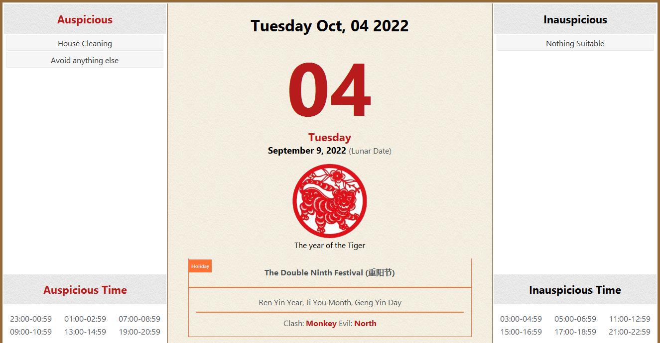 October 04, 2022 Almanac Calendar: Auspicious/Inauspicious Events and ...