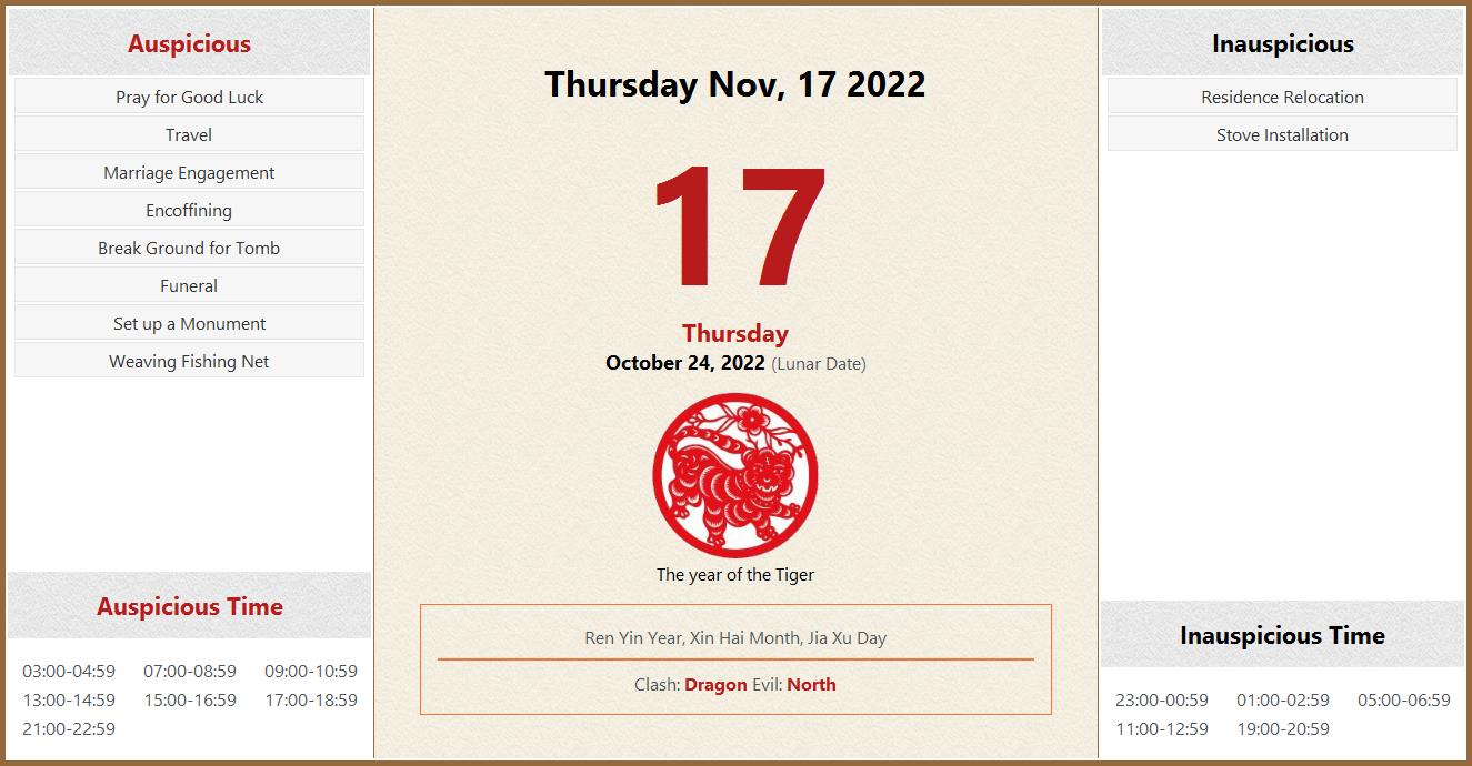 November 17, 2022 Almanac Calendar: Auspicious/Inauspicious Events and ...
