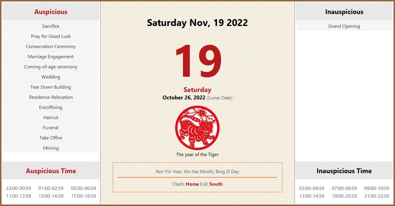 November 19, 2022 Almanac Calendar: Auspicious/Inauspicious Events and ...