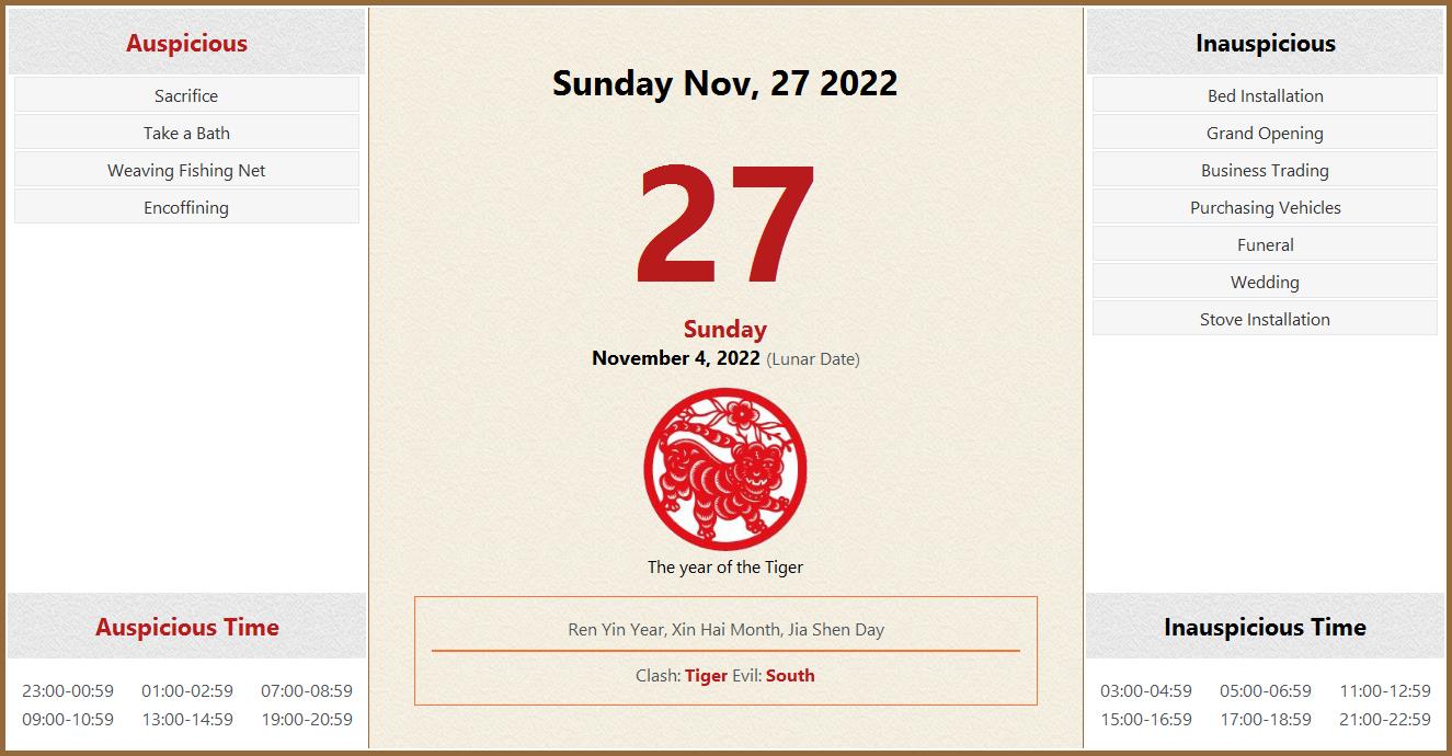 November 27, 2022 Almanac Calendar: Auspicious/Inauspicious Events and ...
