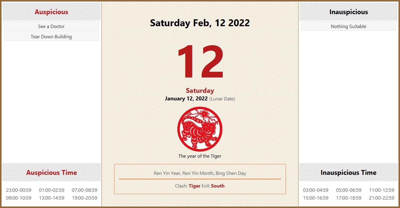 February 12, 2022 Almanac Calendar: Auspicious/Inauspicious Events and ...