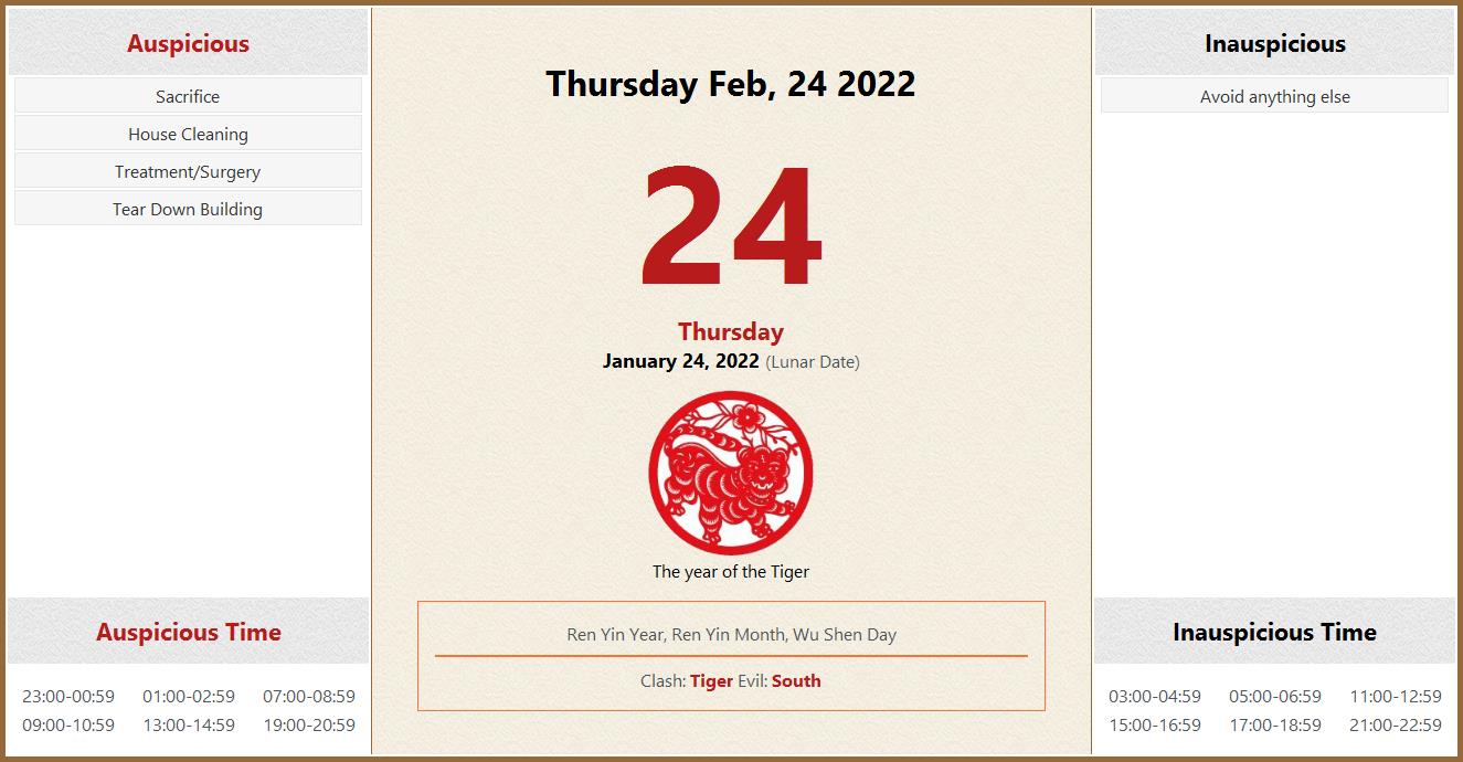 February 24, 2022 Almanac Calendar: Auspicious/Inauspicious Events and ...